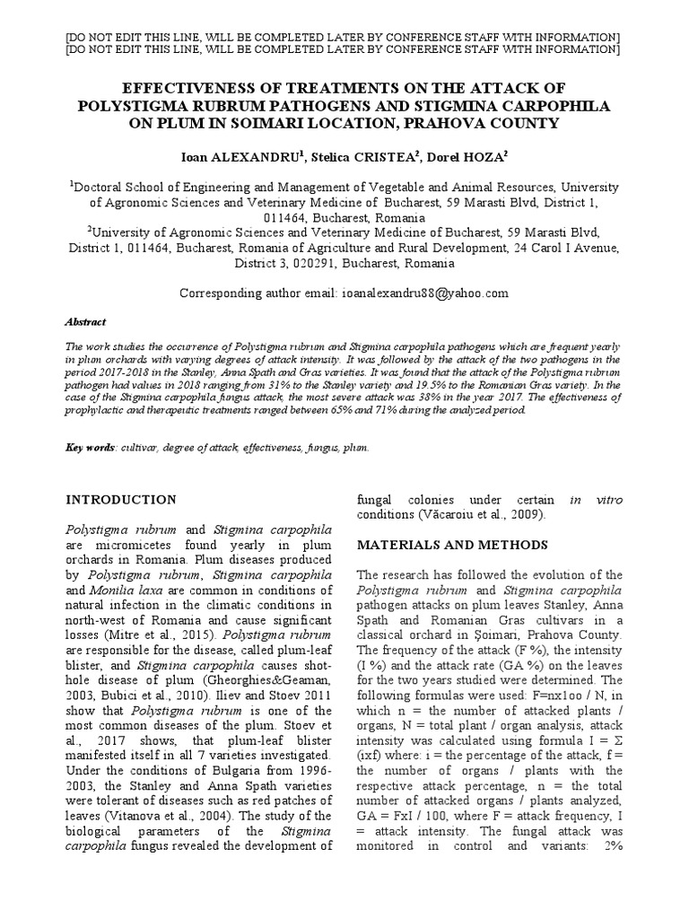 Effectiveness of Treatments On The Attack of Polystigma Rubrum ...