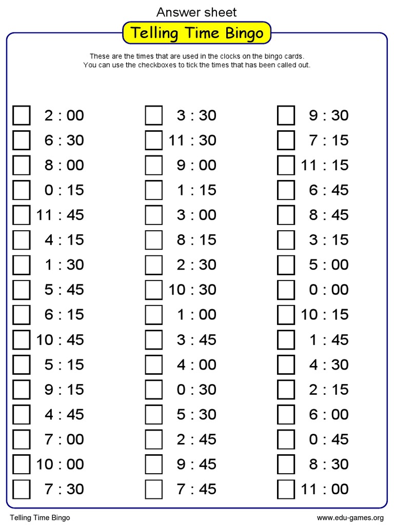 Telling Time Bingo | PDF