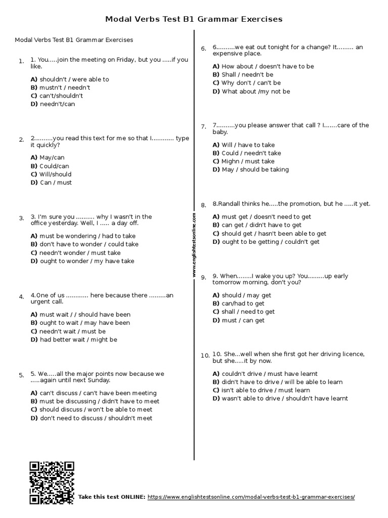 Modal Verbs Test B1 Grammar Exercises | Download Free PDF | Wedding