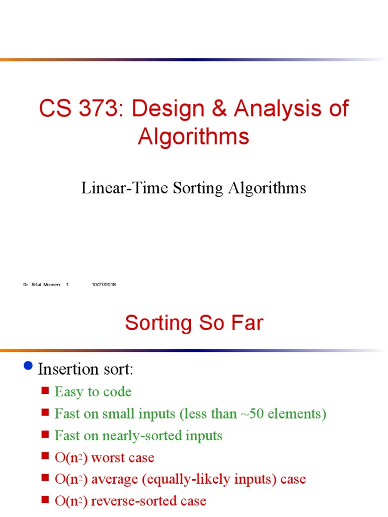 CS 373: Design & Analysis of Algorithms: Linear-Time Sorting Algorithms | PDF | Theoretical ...
