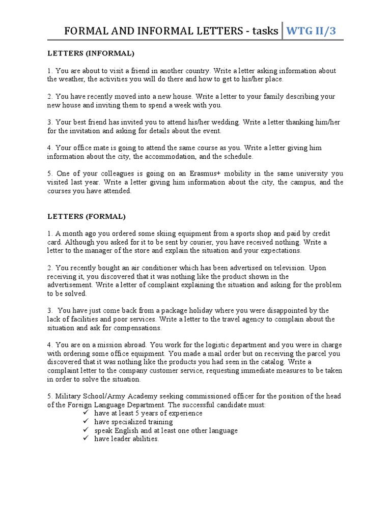 Formal and Informal Letters - Tasks: WTG Ii/3 | PDF | Tourism And ...