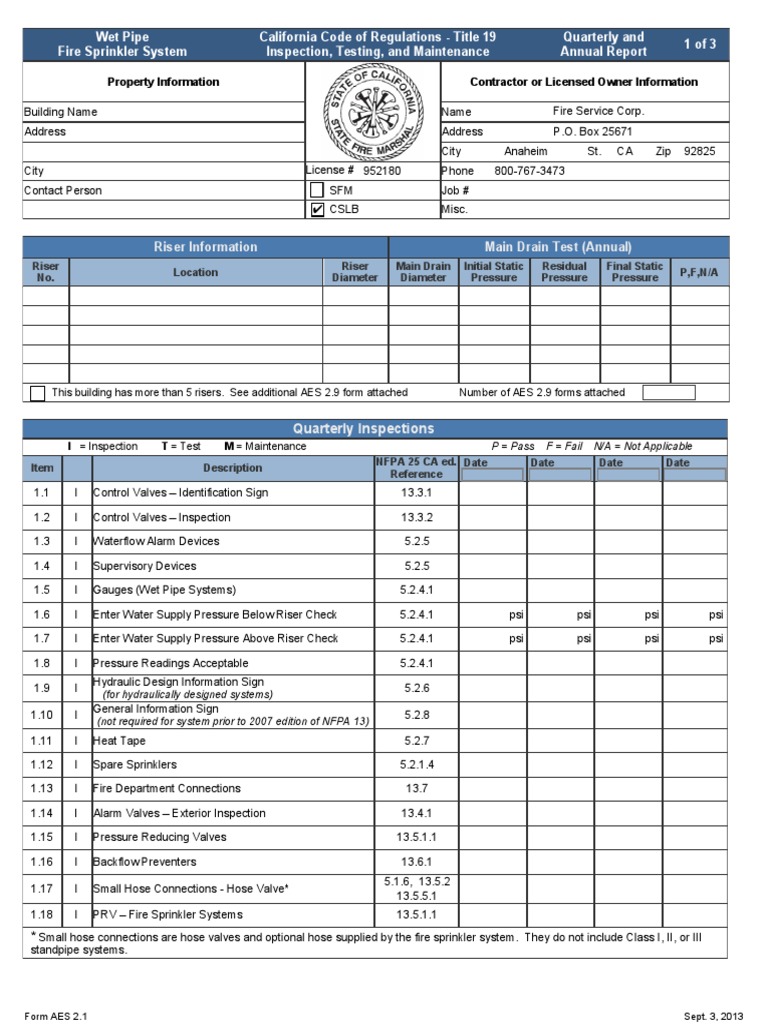 Title 19 Fire Sprinkler Inspection Report | PDF | Fire Sprinkler System ...