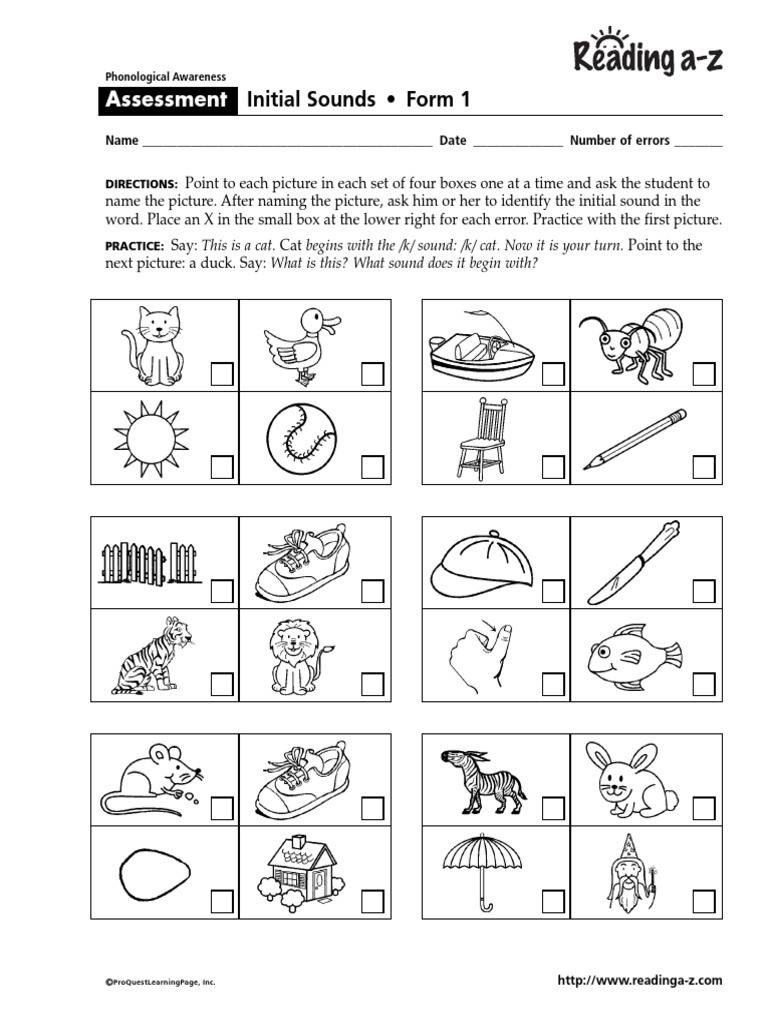 Assessment: Initial Sounds - Form 1 | PDF