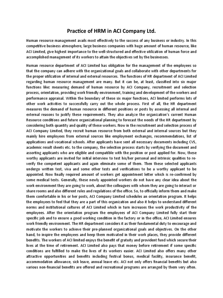 Practice of HRM in ACI Company LTD | PDF | Performance Appraisal ...