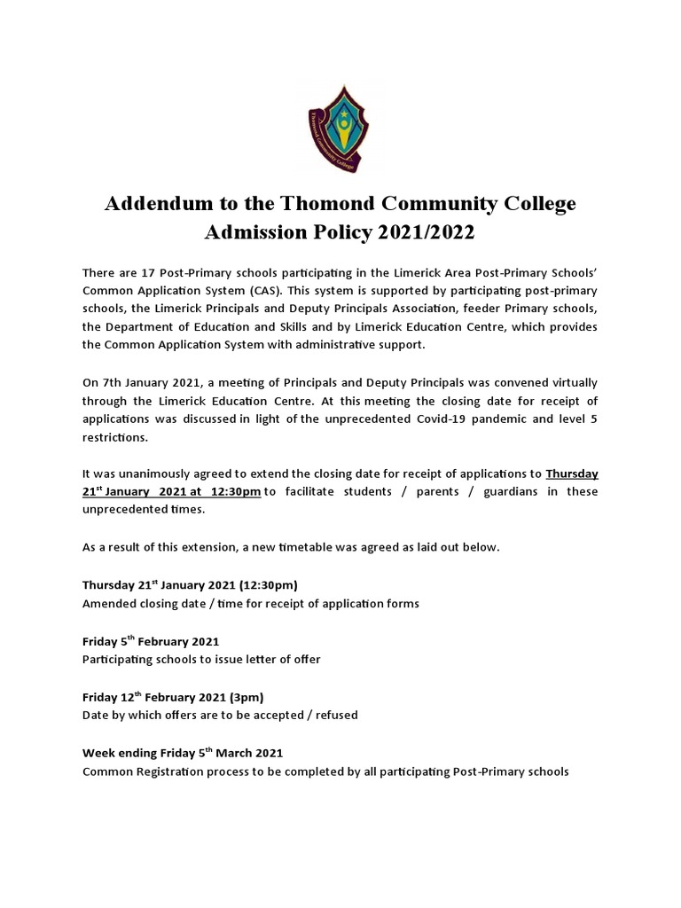 Addendum To School's Admission Policy 20212022 | PDF