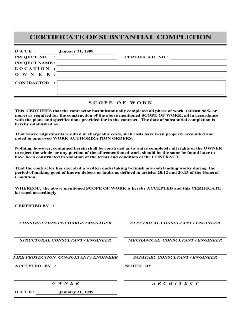 Certificate of Substantial Completion | PDF