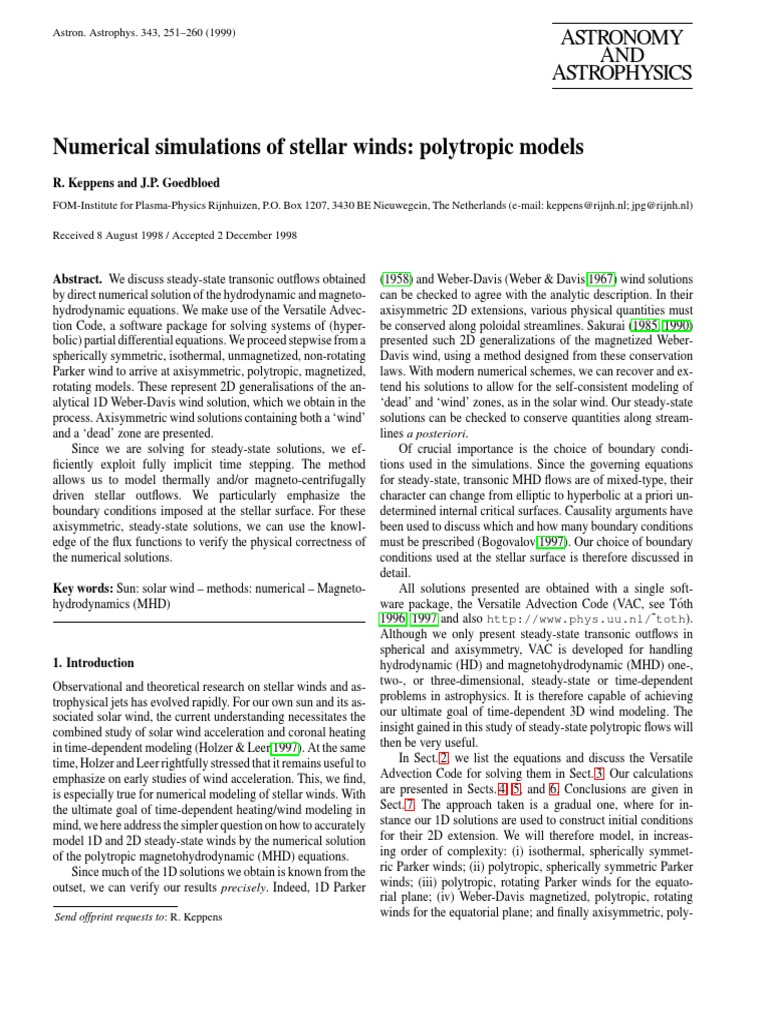 Numerical Simulations of Stellar Winds: Polytropic Models: Astronomy AND Astrophysics | PDF ...