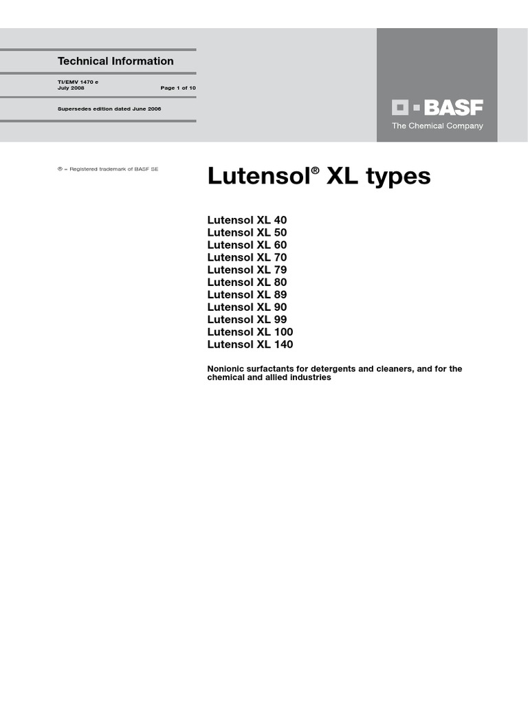 Lutensol XL Types EN 2008 PDF | PDF | Emulsion | Solution