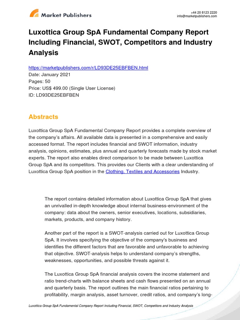 Luxottica Group Spa Swot Analysis Bac PDF | PDF | Swot Analysis | Stocks