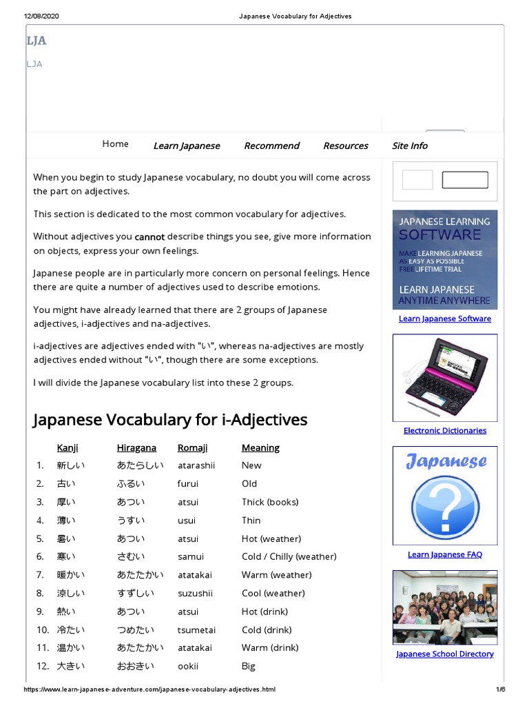 Japanese Vocabulary For Adjectives | PDF