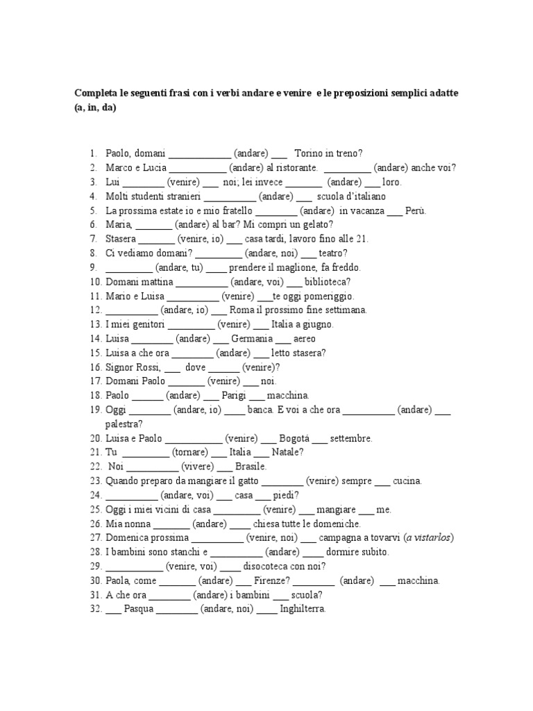 7 Andare e Venire Con Le Preposizioni A, IN, DA | PDF