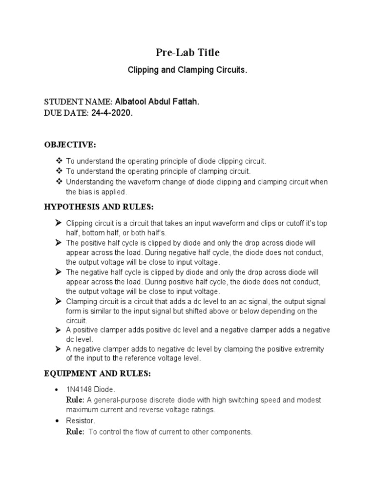 Pre-Lab Title: Clipping and Clamping Circuits | PDF | Electrical ...