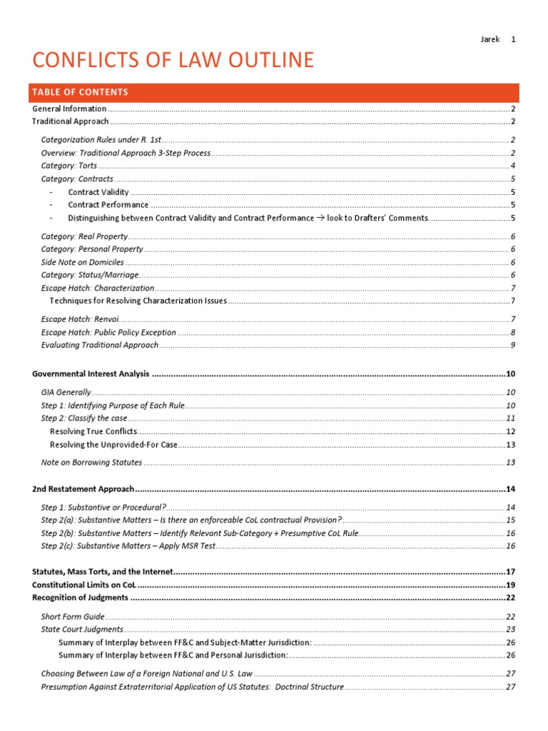 Conflicts of Law Outline Summary | PDF | Choice Of Law | Tort