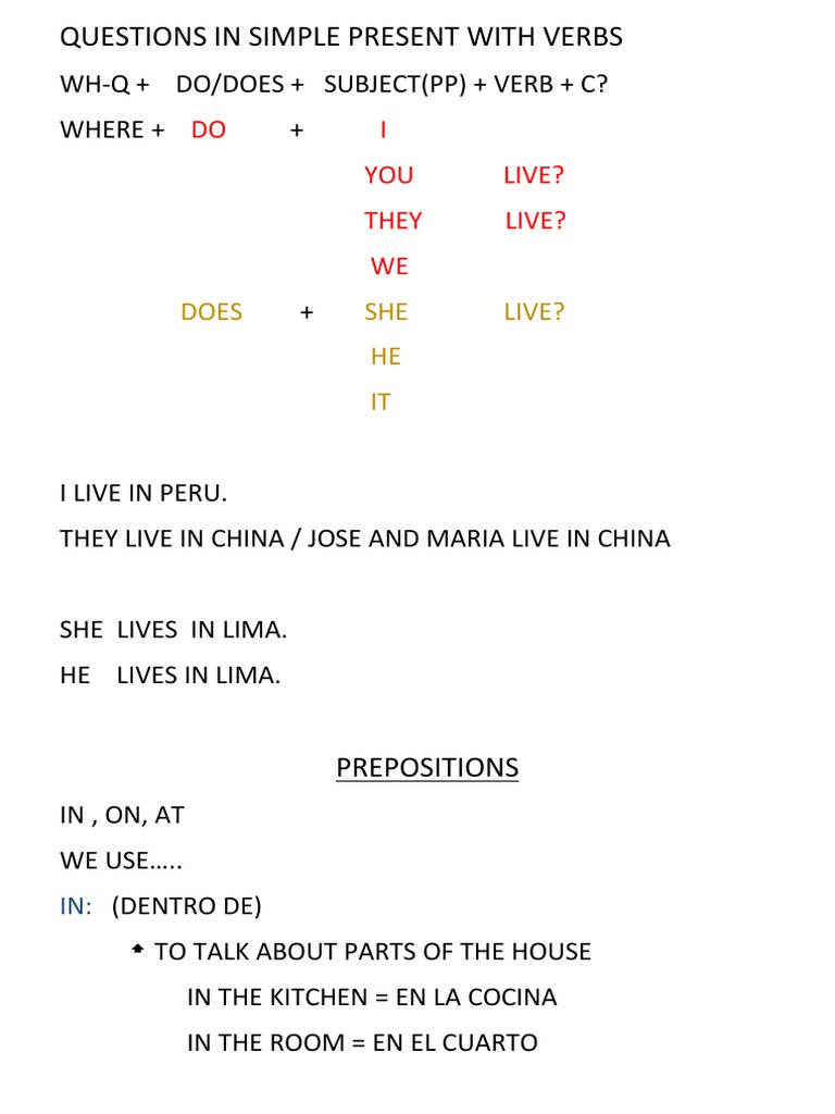 Questions in Simple Present With Verbs. Preposition of Place | PDF | Art