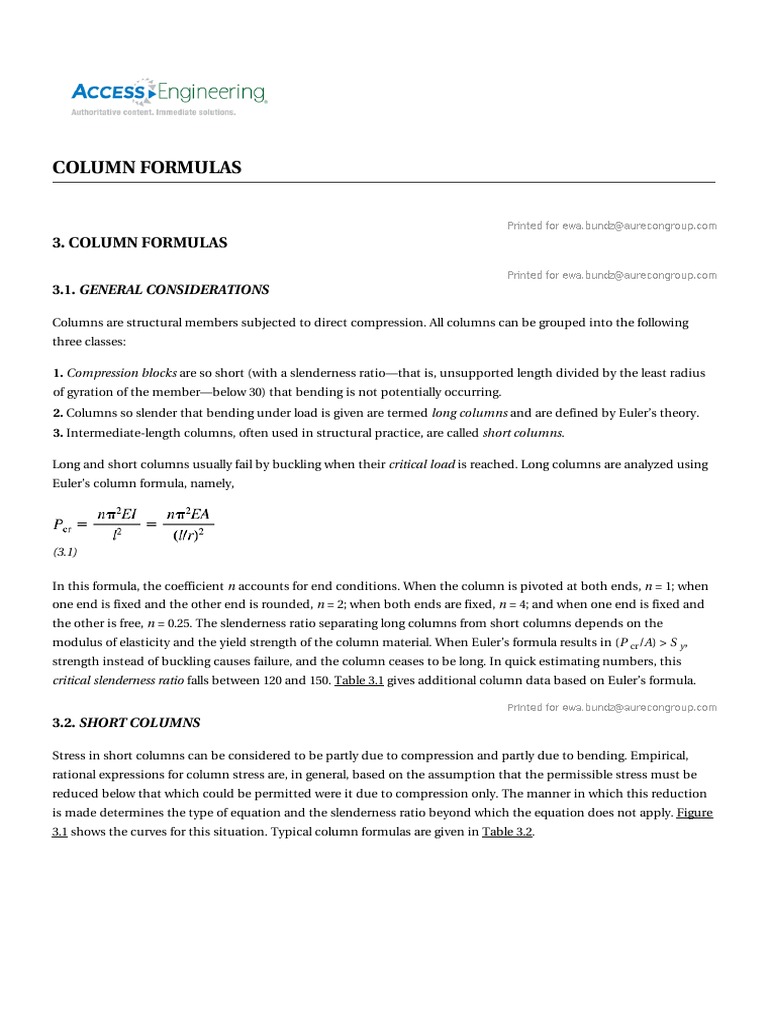 Column Formulas | PDF | Buckling | Column