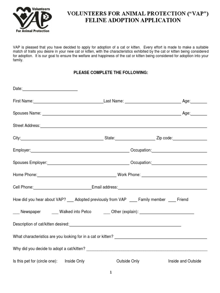 Feline Adoption Application Form | PDF | Cats | Pet
