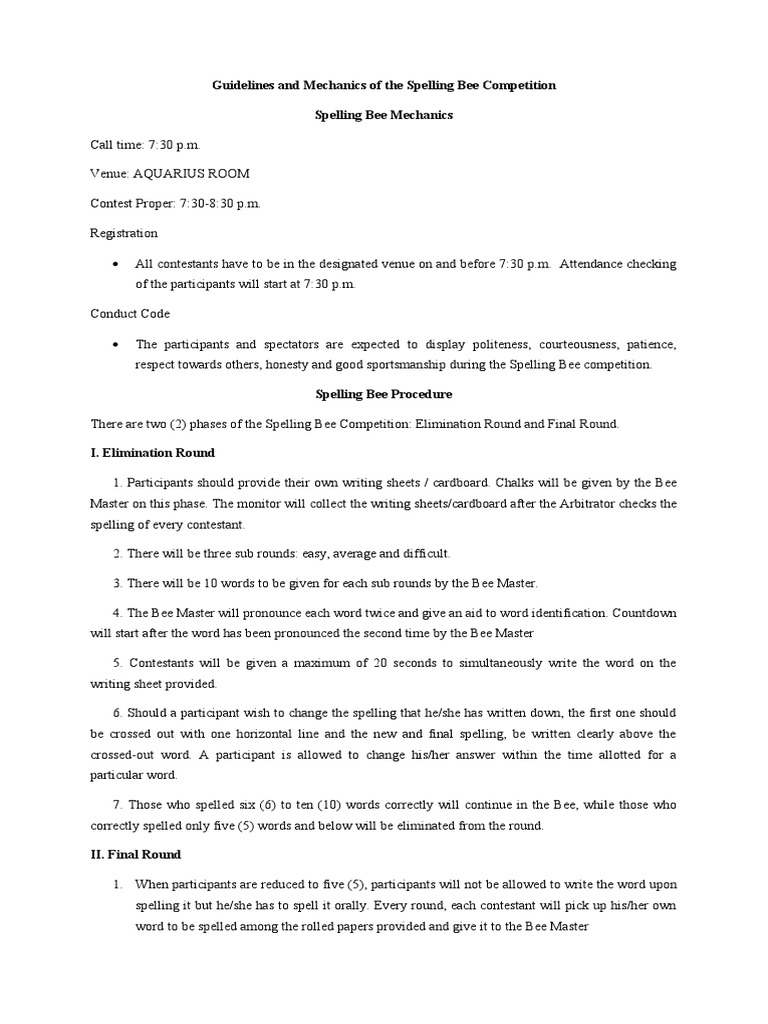 Guidelines and Mechanics of The Spelling Bee Competition | PDF | Spelling | Human Communication