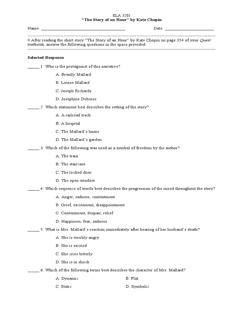 ELA 3201 - The Story of An Hour - Worksheet - 2020 | PDF | Foreign ...
