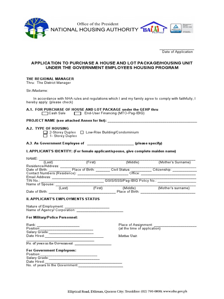 Application To Purchase A House and Lot Package/Housing Unit Under The ...