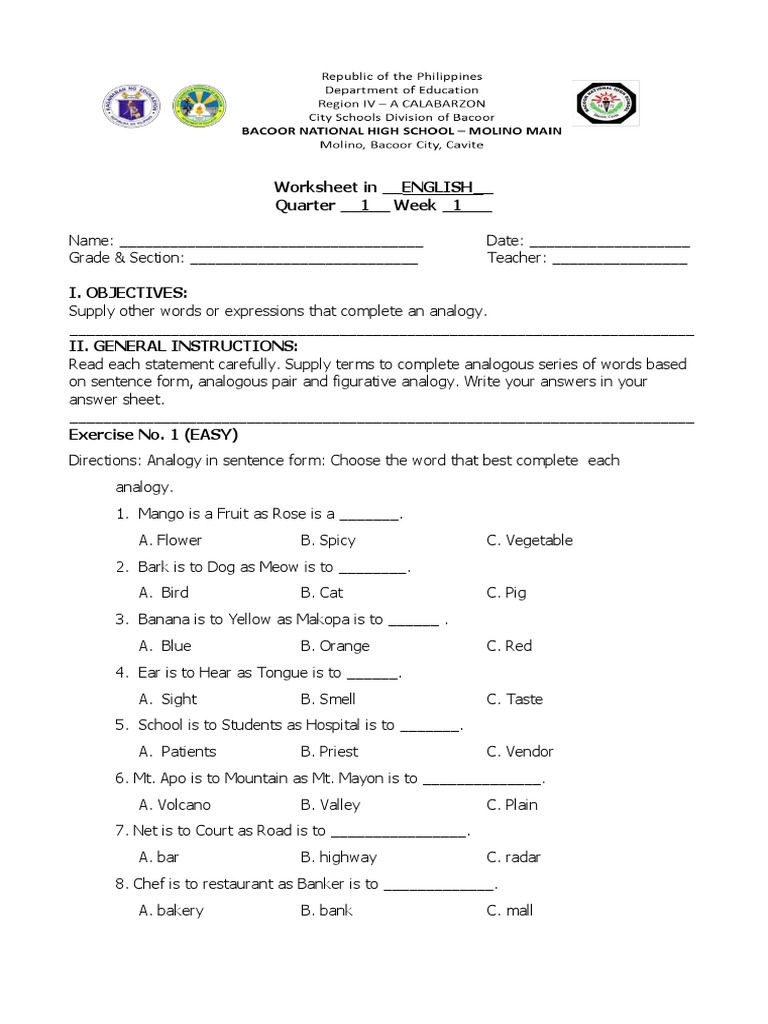 Worksheet in - ENGLISH - Quarter - 1 - Week - 1 | PDF | Sentence ...