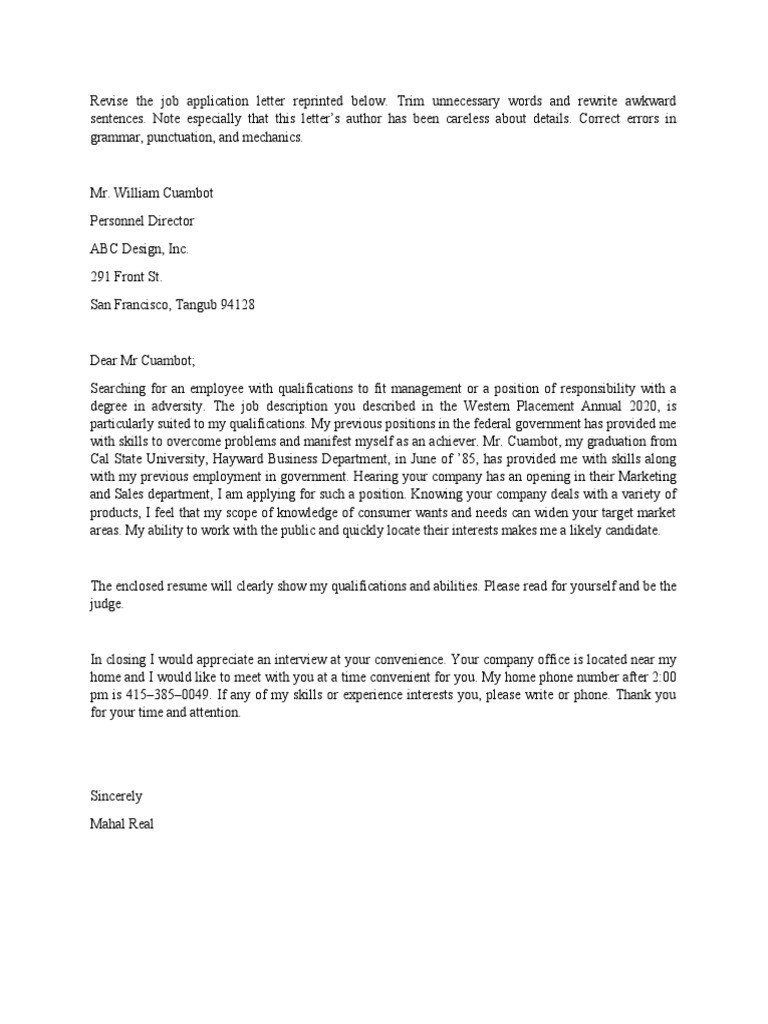 Job Application Letter To Be Revised 1 | PDF | Business | Law