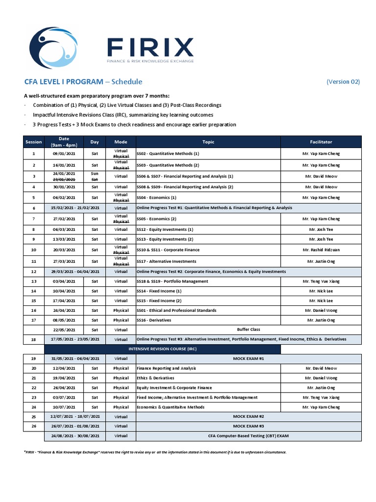 CFA Level I - Timetable (August 2021 Exam) (V2) | PDF | Investing ...