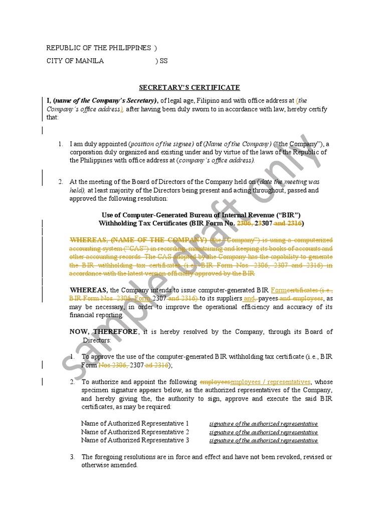 Draft Sample of Secretary Certificate - Use of BIR Certificates ...