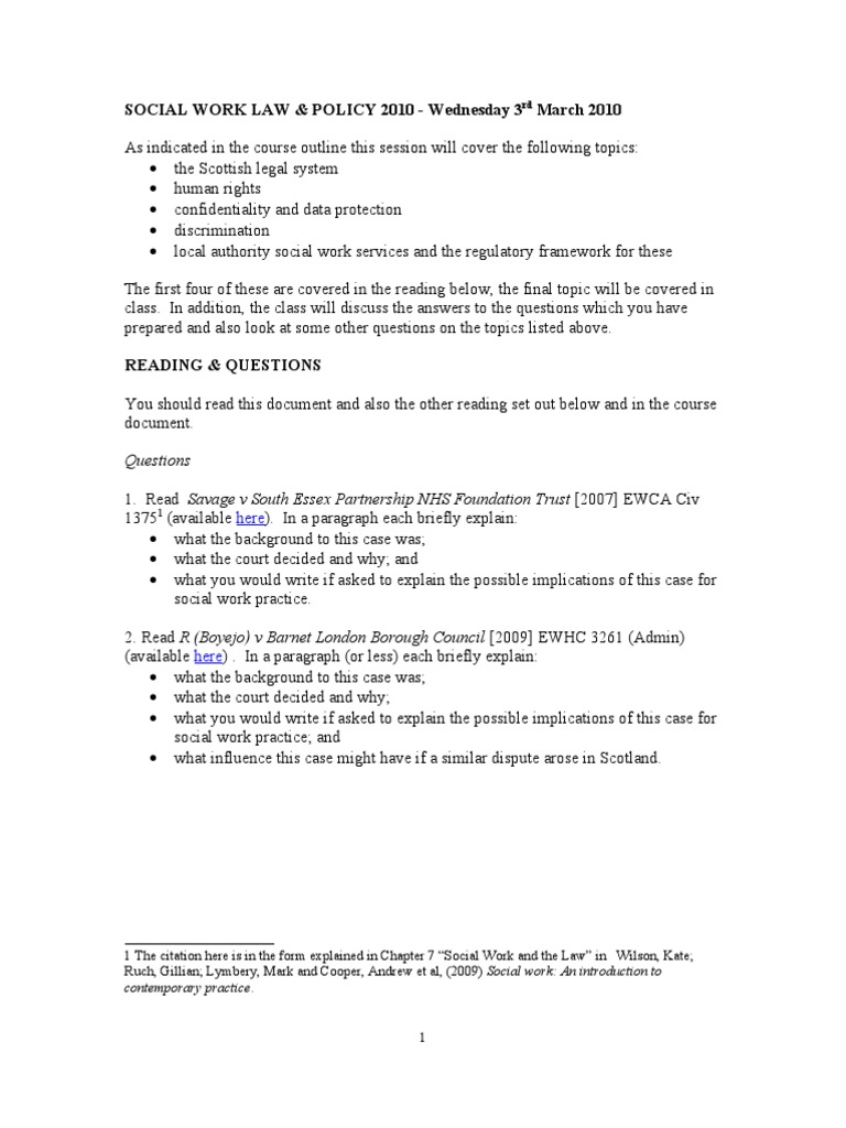 SOCIAL WORK LAW & POLICY 2010 - Wednesday 3 March 2010: Questions | PDF