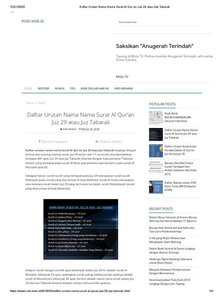 Daftar Urutan Nama Nama Surat Al Qur'an Juz 29 Atau Juz Tabarak | PDF
