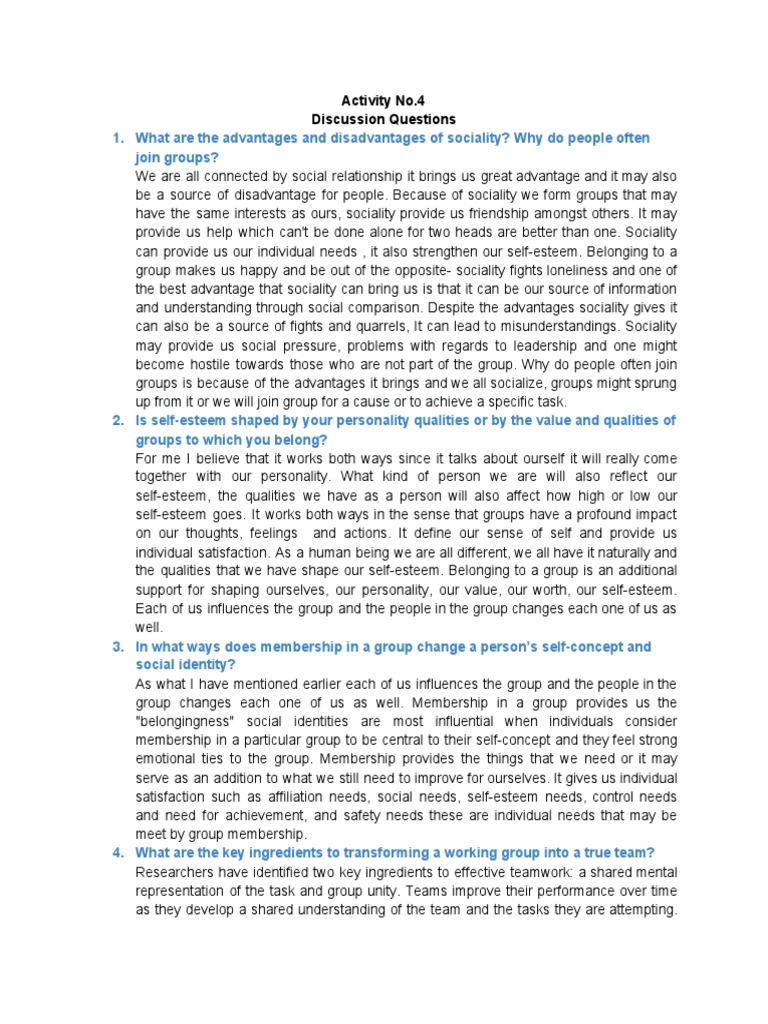 Activity No.4 Discussion Questions | PDF | Self Concept | Self Esteem