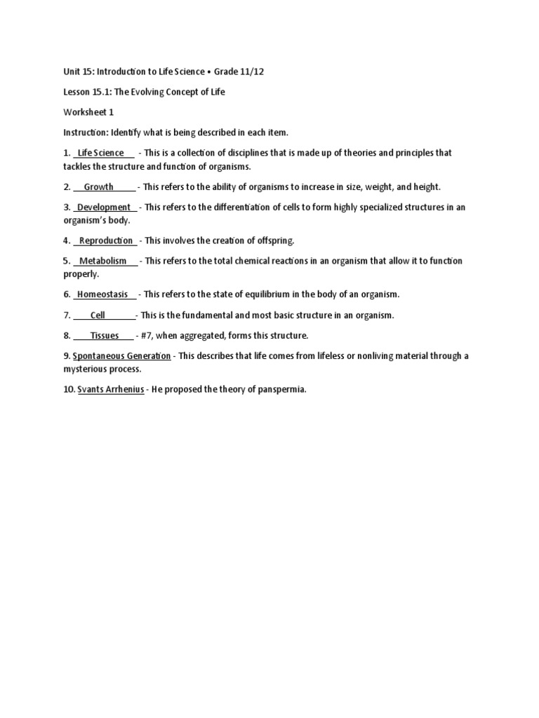 Unit 15 Introduction To Life Science Grade 11 Worksheet | PDF