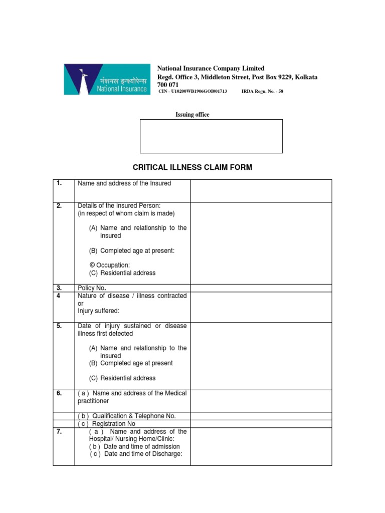 Critical Illness Claim Form: Issuing Office | PDF
