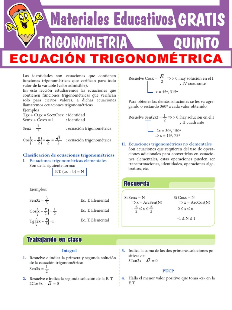 Ecuación Trigonométrica para Quinto Grado de Secundaria | PDF | Funciones trigonométricas ...