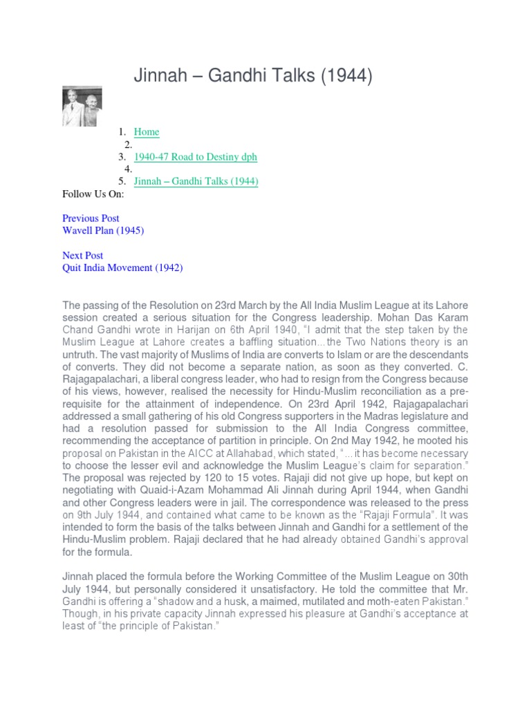 Jinnah Gandhi Talks 1944 | PDF | Muhammad Ali Jinnah | Mahatma Gandhi