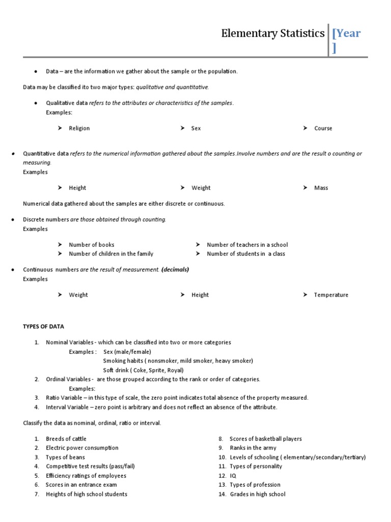 Elem Stat Handout1 | PDF | Level Of Measurement | Metrology