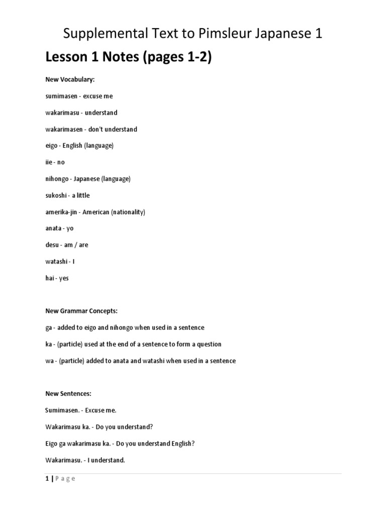 Pimsleur Japanese 1 Lessons Notes Summary | PDF | Japanese Language ...
