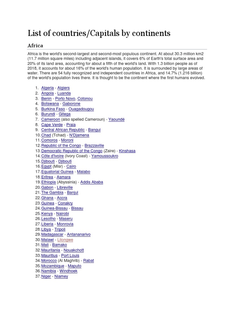 Countries and Capitals by Continent | PDF | Oceania | International ...