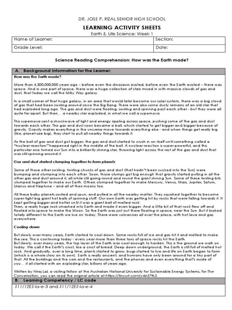 Earth Life Science Week 1 Worksheet | PDF | Earth | Planets