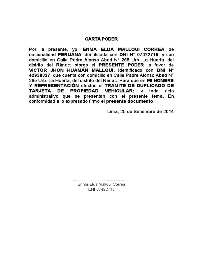 CARTA PODER Tarjeta de Propiedad | PDF