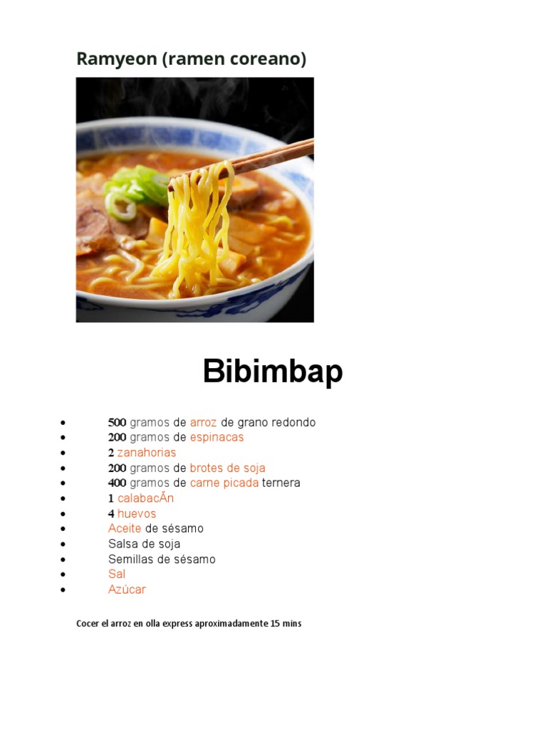 Ramyeon Coreano Receta | PDF | Cocina coreana | Vegetales