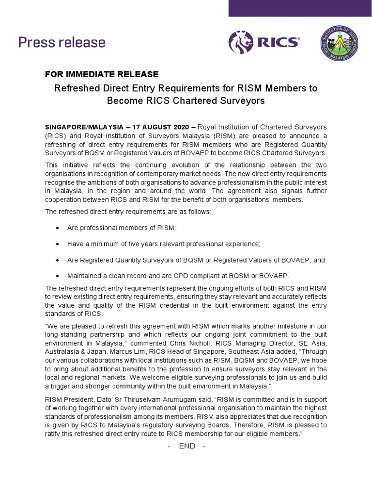 RICS RISM Press Release Refreshed Direct Entry Requirements For RISM ...