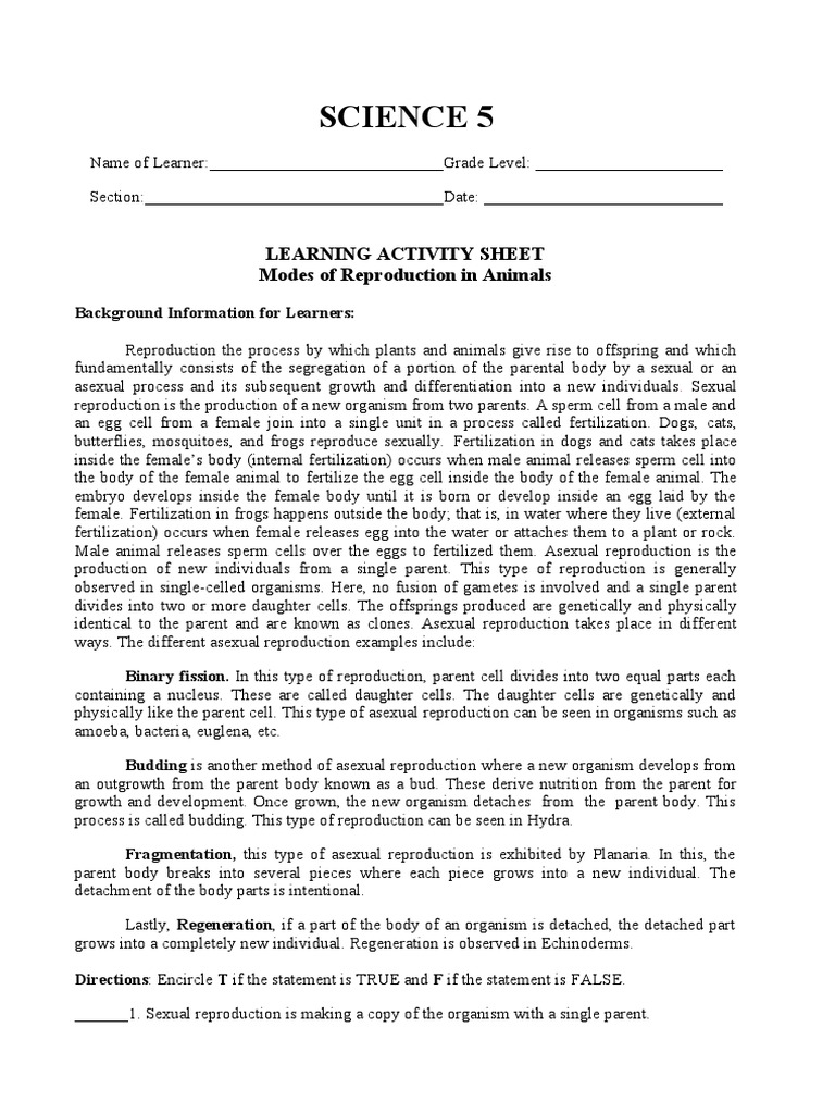 Science 5: Learning Activity Sheet Modes of Reproduction in Animals ...