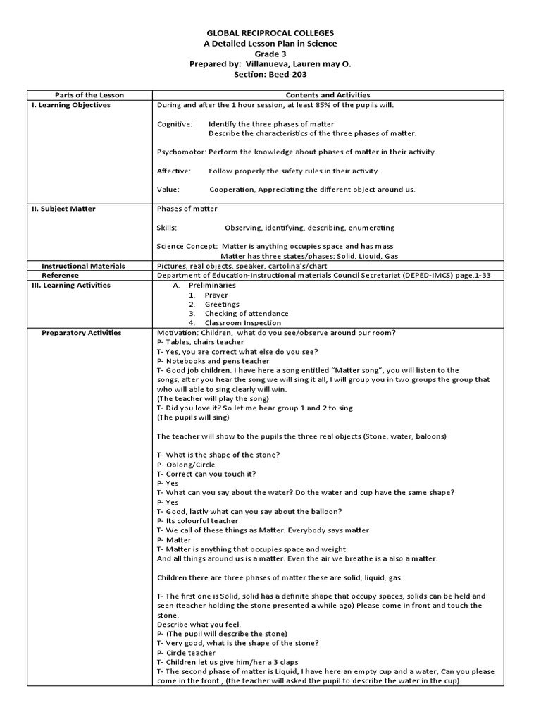A Detailed Lesson Plan in Science 3 | PDF | Matter | Teachers