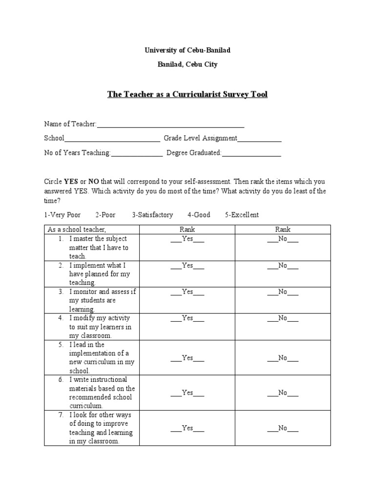 Teacher Self-Assessment Survey Tool | PDF | Career & Growth | Self ...
