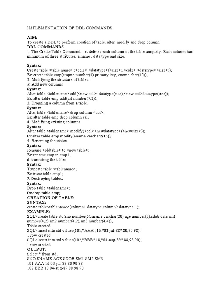 Implementation of DDL Commands | PDF | Table (Database) | Relational ...