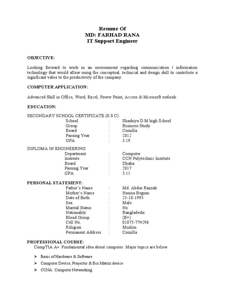 Resume of MD: Farhad Rana IT Support Engineer: Objective | PDF | Bangladesh | Computer Science