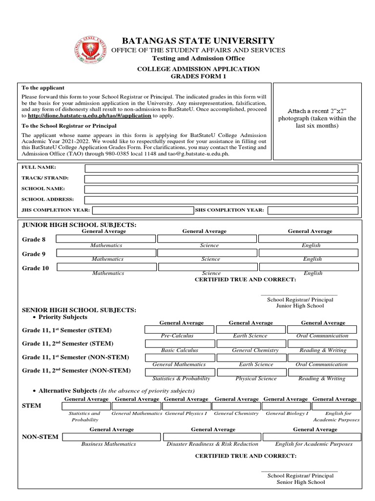 BatStateU College Application Grades Form Regular Admission PDF | PDF | Science, Technology ...