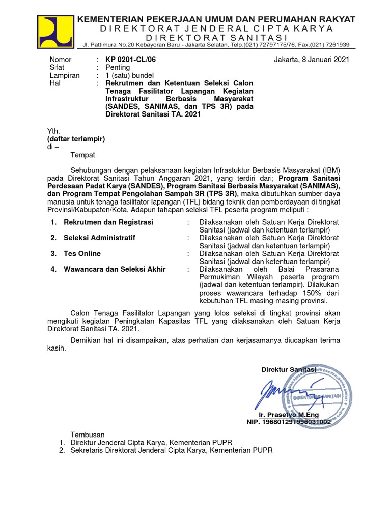 Surat Rekrutmen TFL IBM Dit. Sanitasi TA. 2021 PDF | PDF