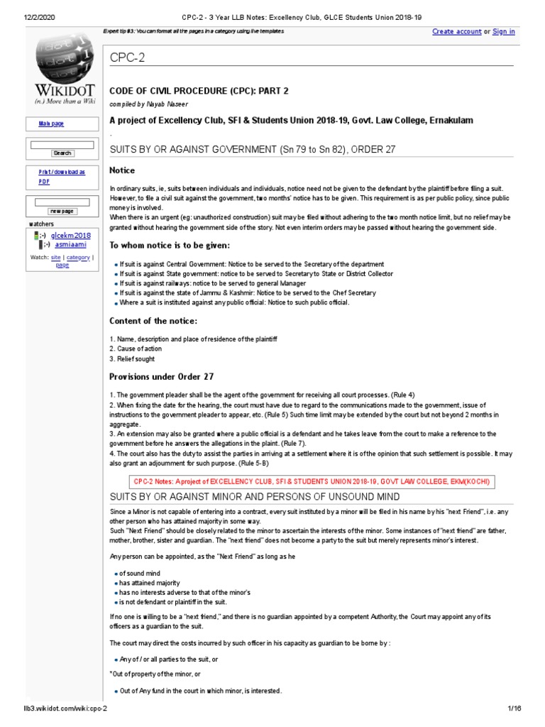 Suits by or Against Government (SN 79 To SN 82), Order 27: Code of ...