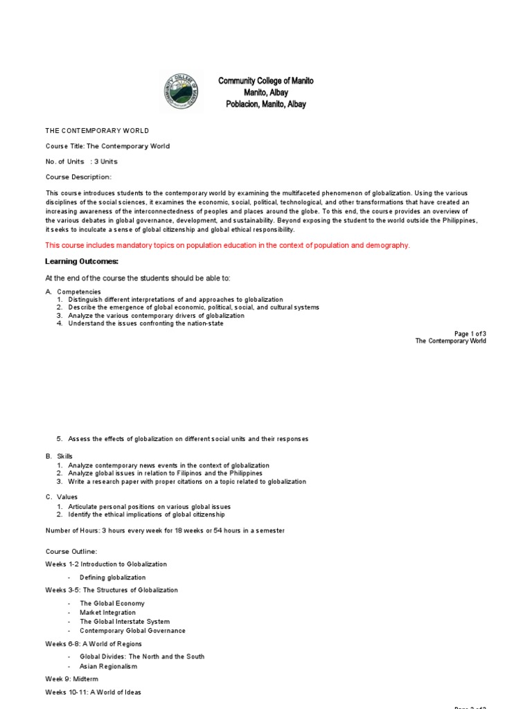 The Contemporary World Syllabus | Download Free PDF | Globalization ...